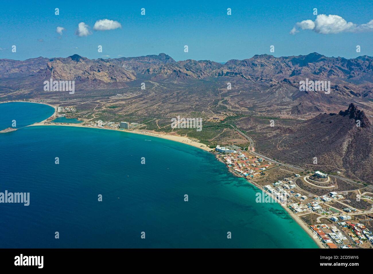 Aerial view of the desert next to the sea and bay of San Carlos, Sonora ...