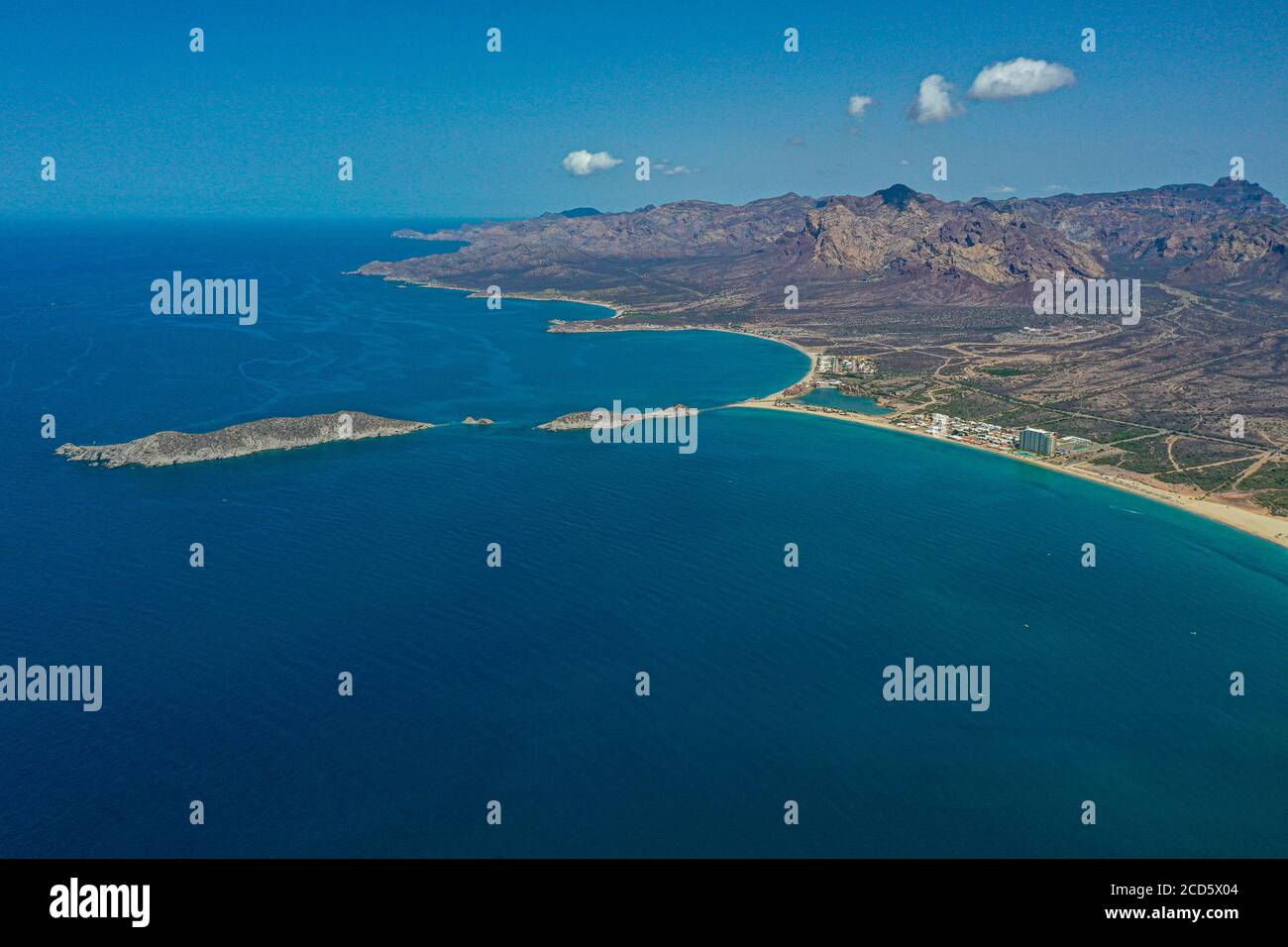 Aerial view of the desert next to the sea and bay of San Carlos, Sonora ...