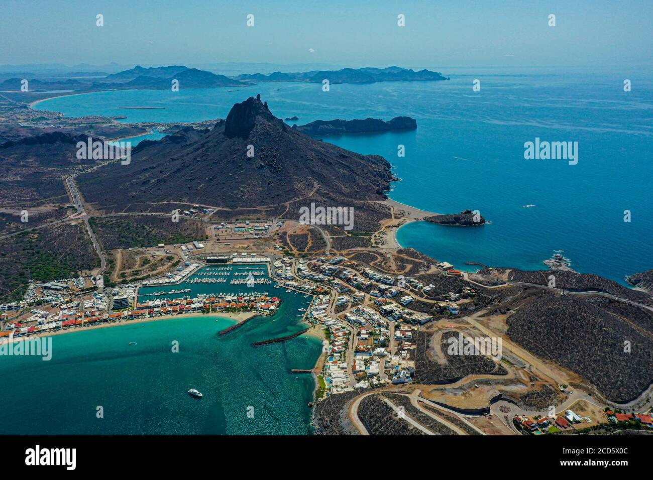 Aerial view of the desert next to the sea and bay of San Carlos, Sonora ...