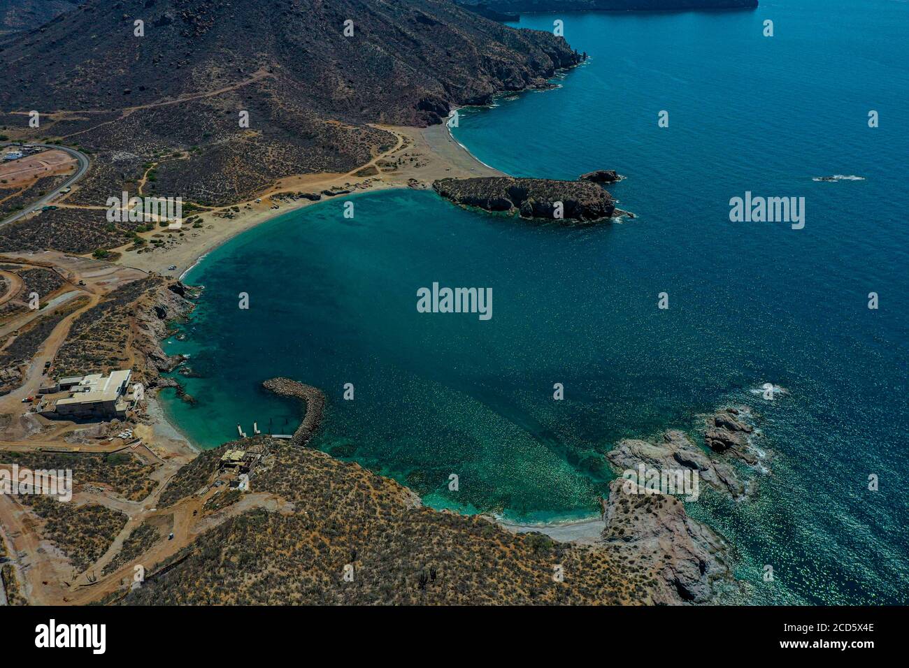 Aerial view of the desert next to the sea and bay of San Carlos, Sonora ...
