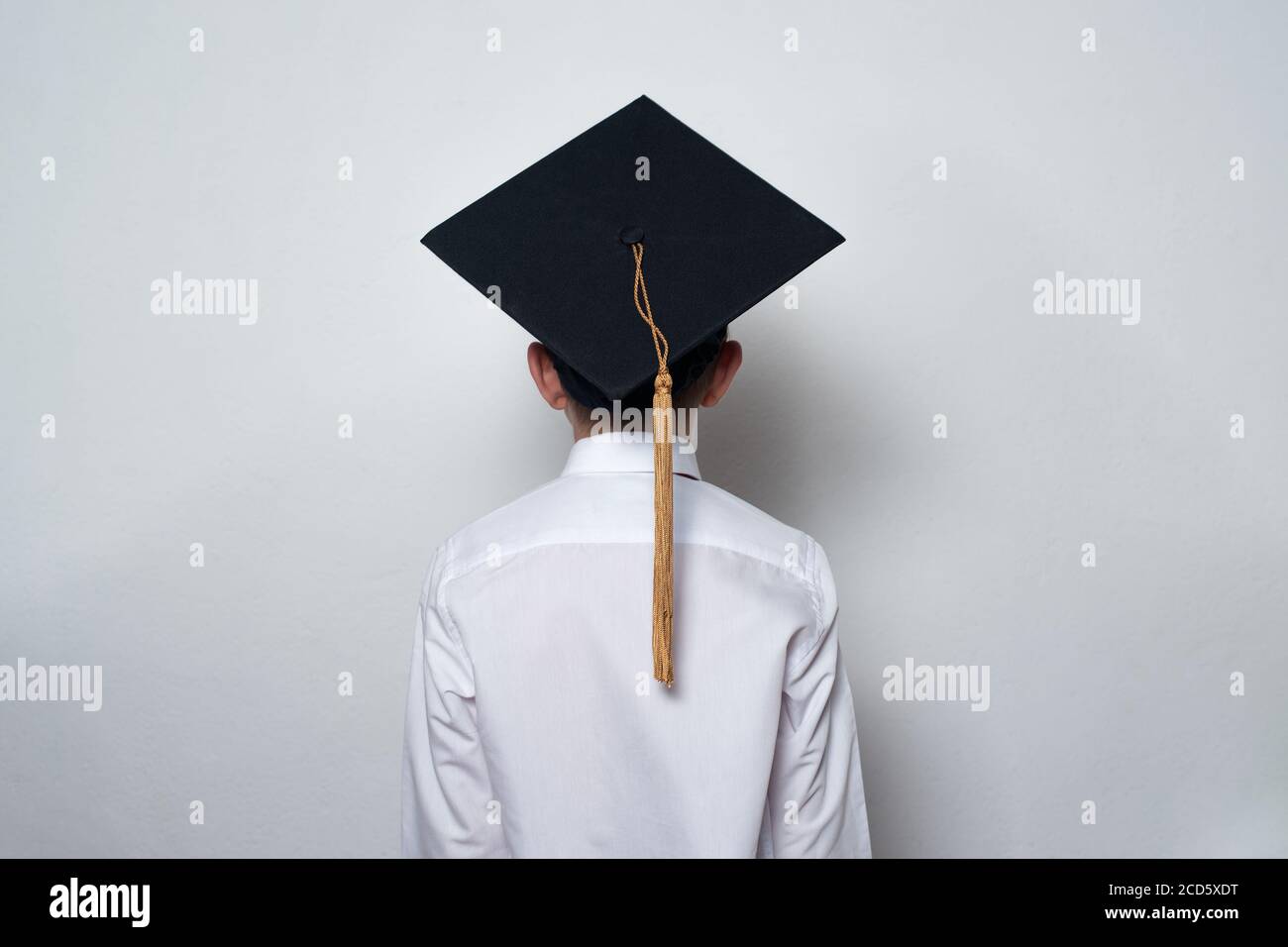 Schoolboy wears the student hat on white background. Back view Stock ...