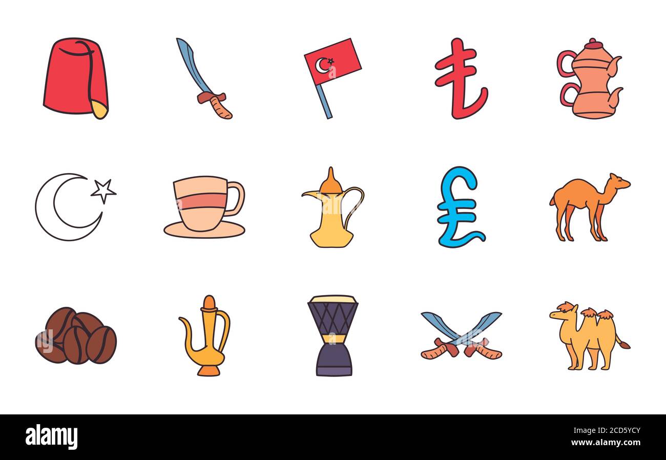 Turkish line and fill style set of icons design, Turkey culture travel ...
