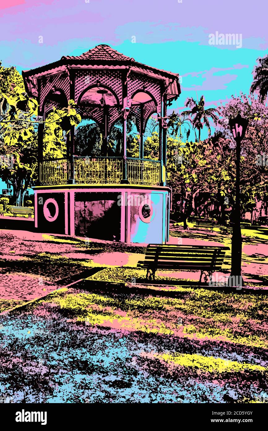 Old bandstand amid a lush garden full of trees at Sao Manuel. A cute ...