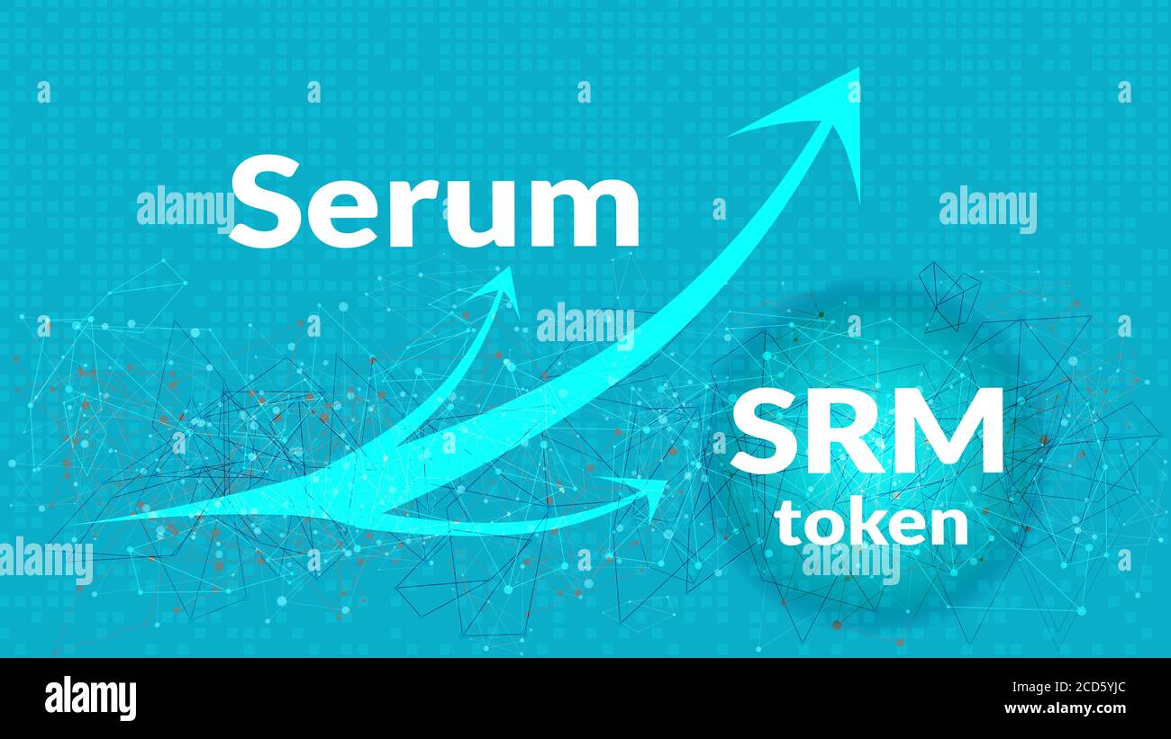 SRM token of the Serum project with upward arrows on a blue abstract ...