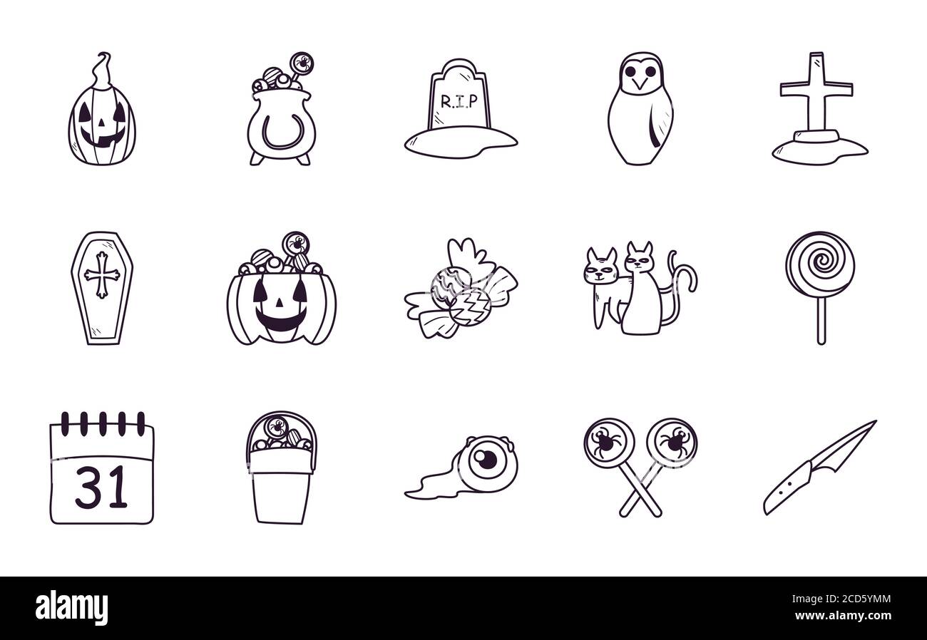 Halloween free form line style set of icons design, Holiday and scary ...