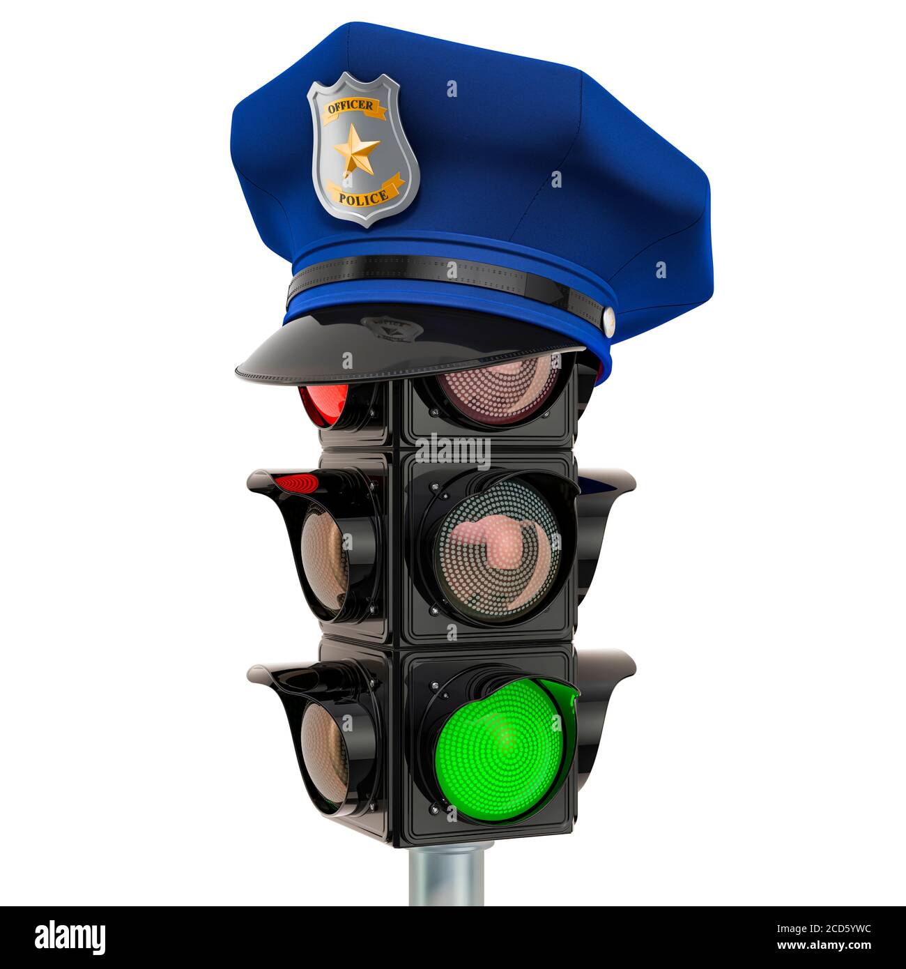 Traffic light with police cap, 3D rendering isolated on white ...