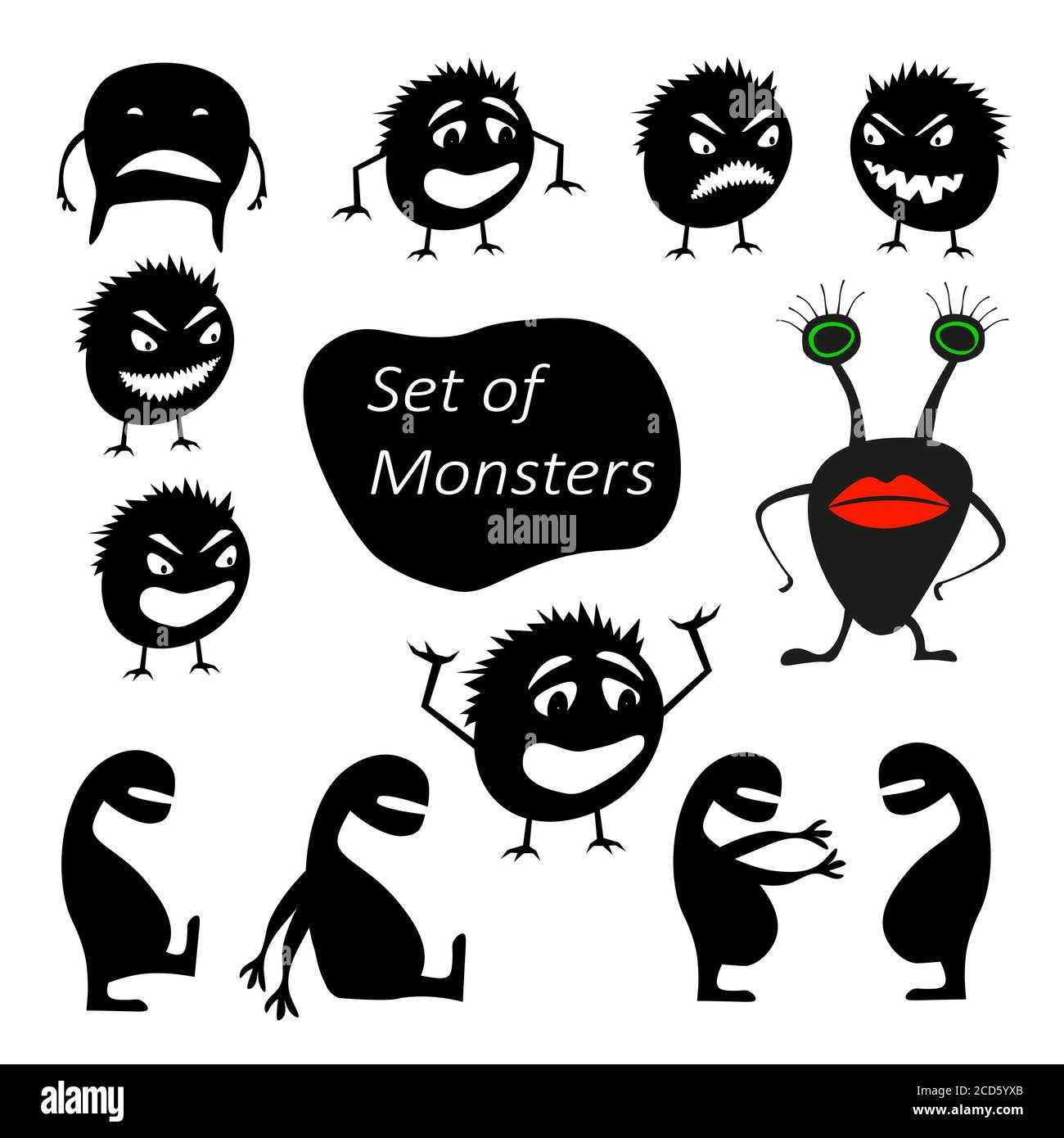 Set of funny cute silhouette creatures with different emotions ...
