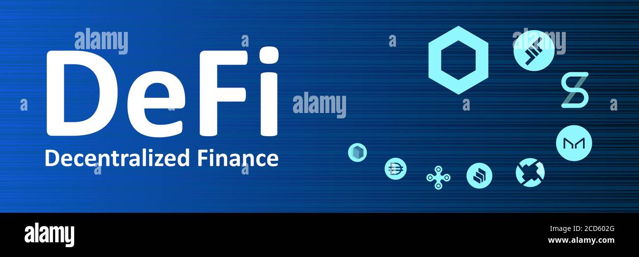 Defi - decentralized finance and altcoins in spiral on narrow banner ...