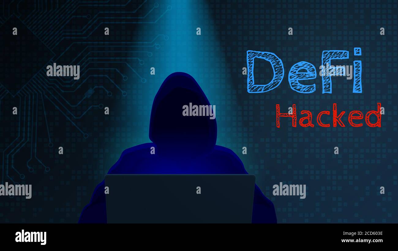 Defi hacked concept. Silhouette of a hacker with a computer and text on ...