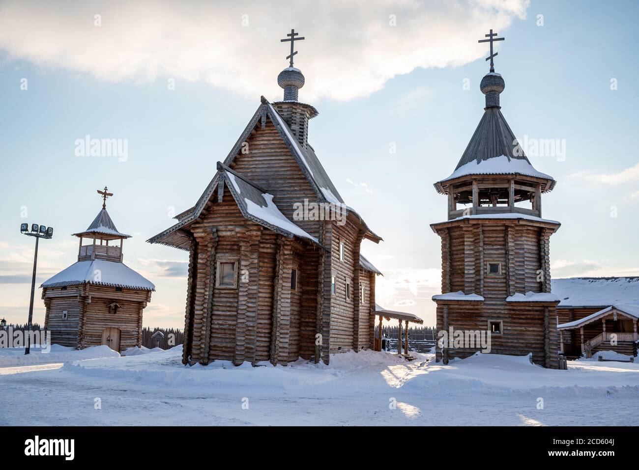 Wooden churches at Obdorsk Ostrog (Fortress), Salekhard, Yamalo-Nenets ...