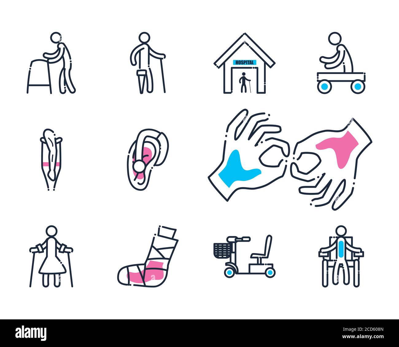 line and fill style set of icons of Handicapped disability and medical ...