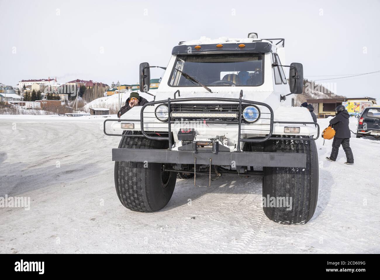 A trekol (russian all terrain six wheels vehicle) in the snow, tundra ...
