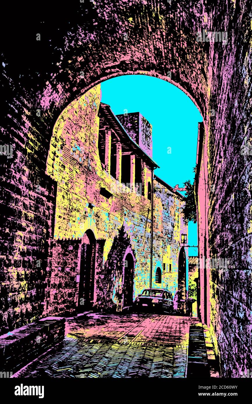 Dark alleyway with brick building and tower in San Gimignano. A ...