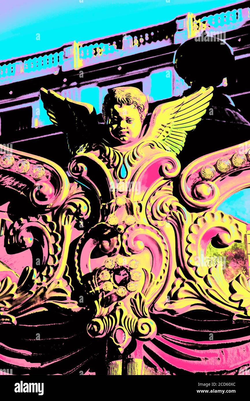 Detail of an angel figure on carousel at sunset in Florence. The famous ...