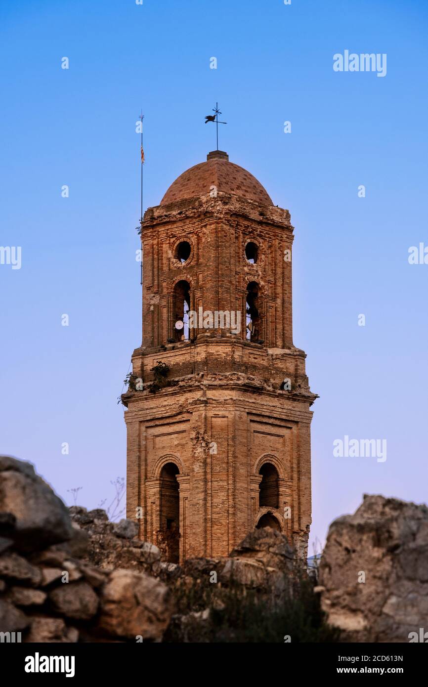 Saint Peter Bell Tower in Corbera de Ebro village. Spanish Civil War ...