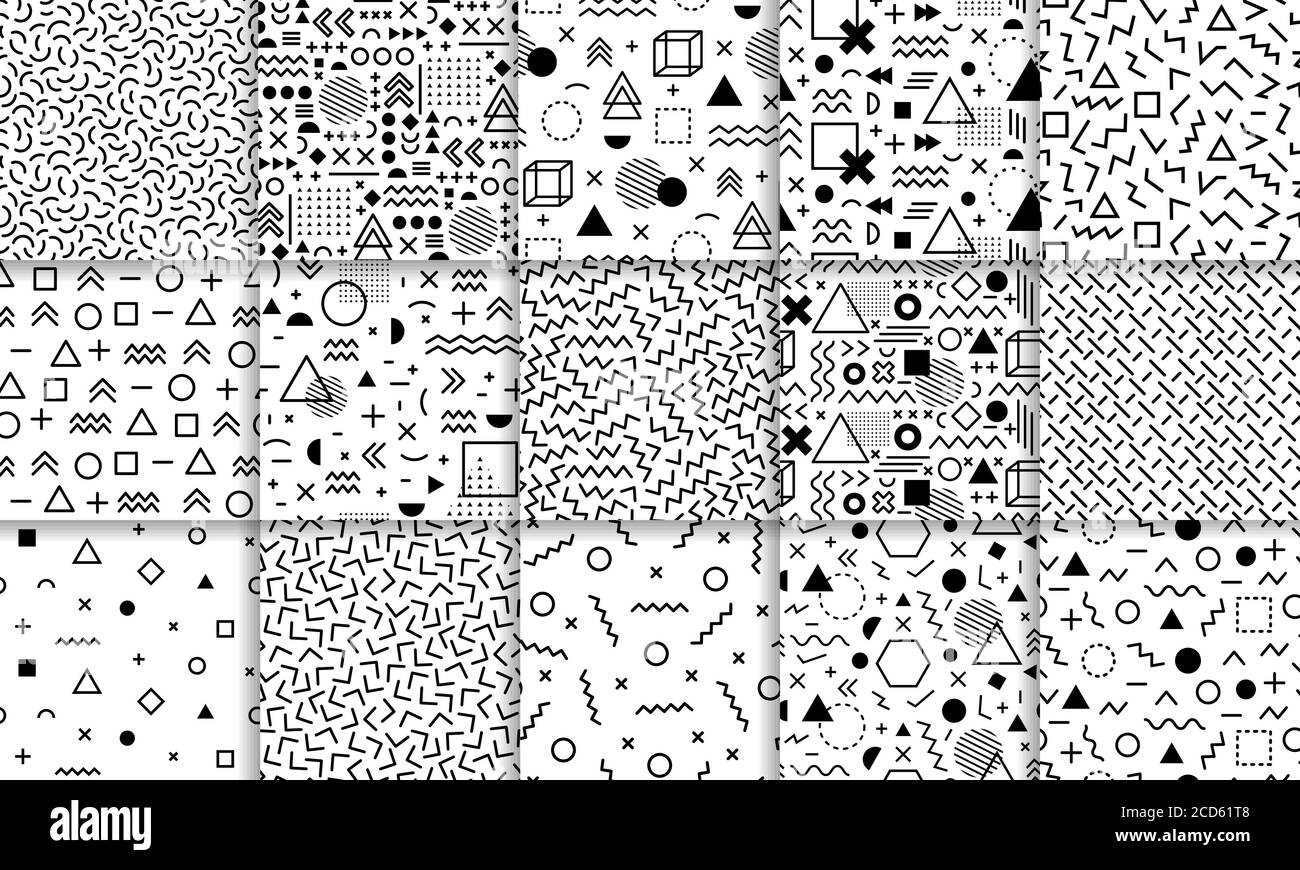 Memphis seamless patterns. Geometric doodle, 90s style memphis pattern ...