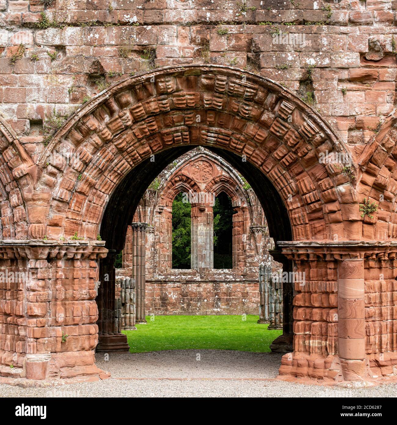Detailed close-up of the highly decorative arches at Furness Abbey ...