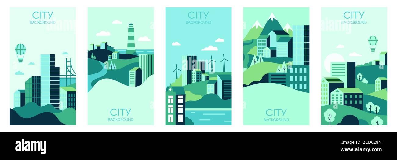 Village house templates. Tiny town houses, urban landscape backdrop ...