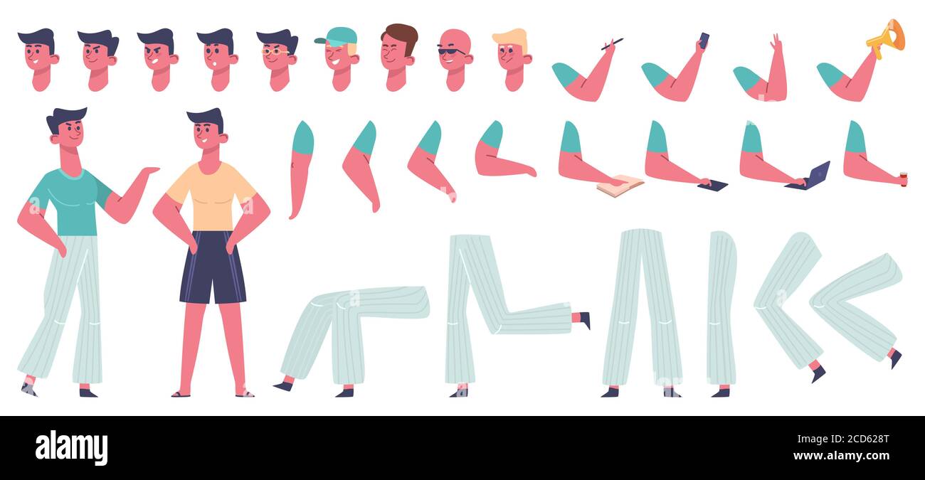 Male character constructor. Man body gesture poses, clothes and hairstyle, different legs, hands ...