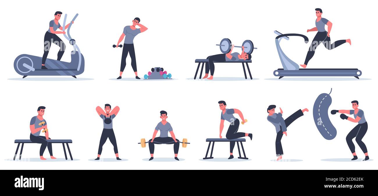 Men at sport gym. Male fitness character run, pull up, work with ...