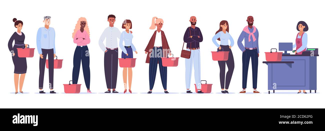 Grocery queue. Shopping characters in store line, crowd waiting for buy ... Grocery queue. Shopping characters in store line, crowd waiting for buy ...