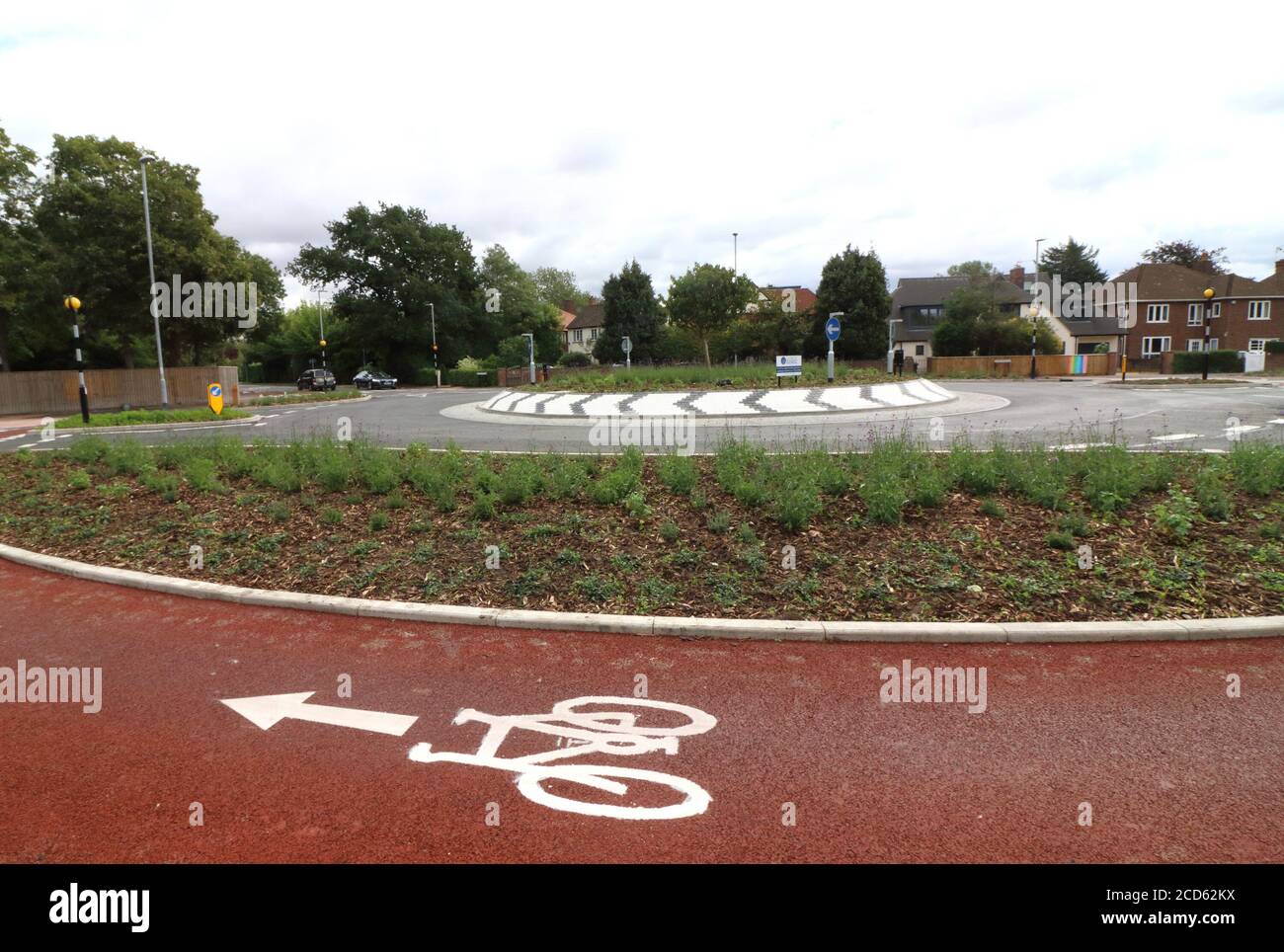 Cambridge, UK. 26th Aug, 2020. Cycle path marked on roundabout crossing ...