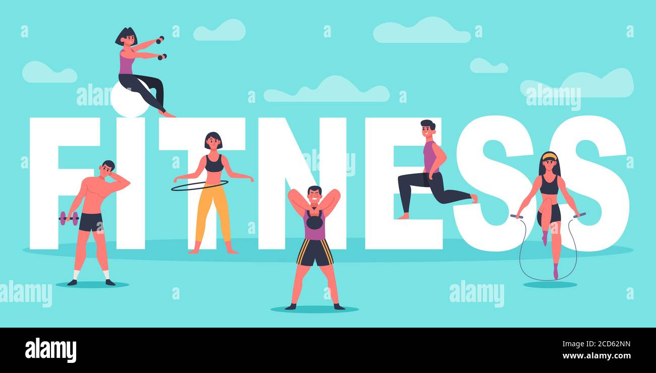 Fitness characters. Young people exercising near big fitness letters ...