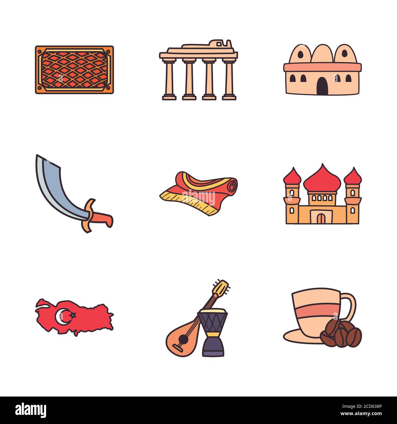 Turkish line and fill style icon set design, Turkey culture travel and ...