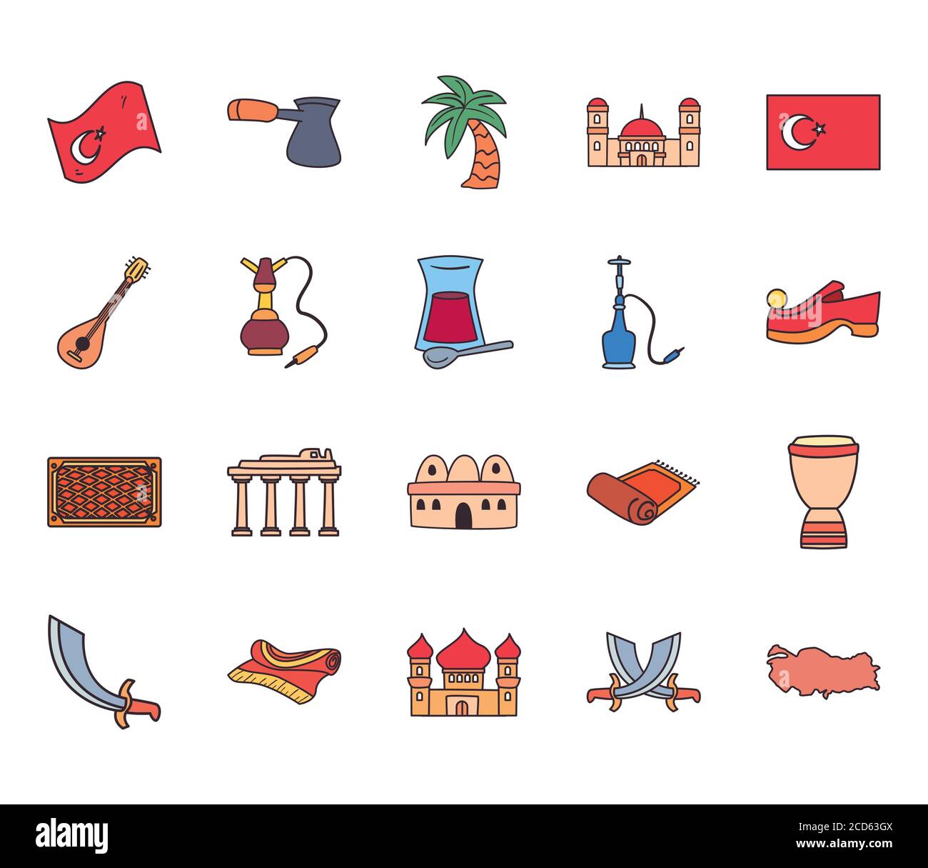 Turkish line and fill style bundle of icons design, Turkey culture ...