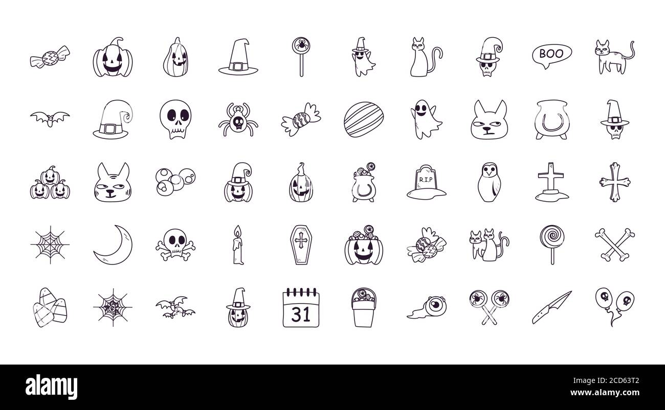 Halloween free form line style 50 icon set design, Holiday and scary ...