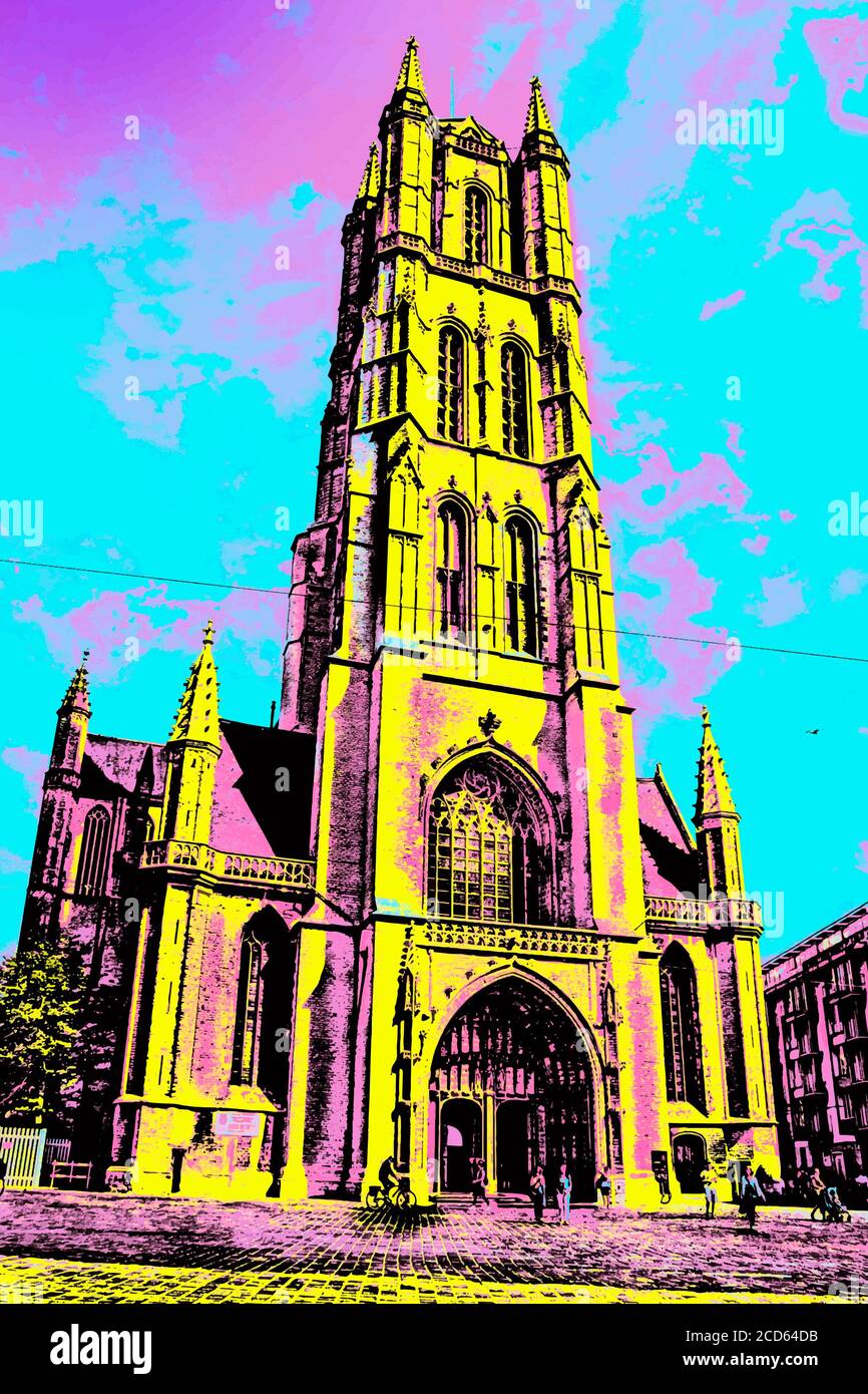 Gothic cathedral and people in a sunny day at Ghent. A city full of ...