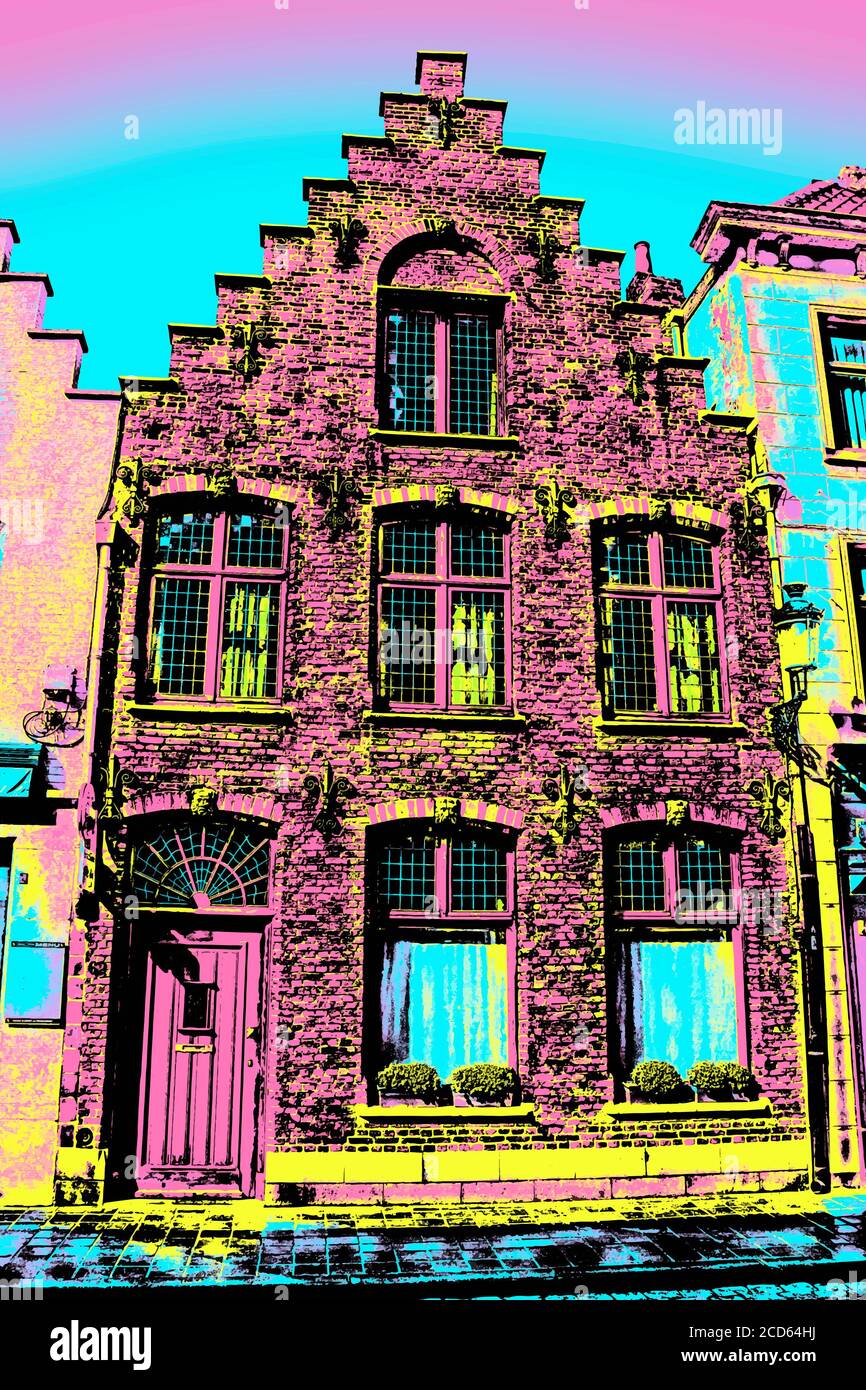 Facade of house in typical Flanders style in Bruges street. A cute city ...