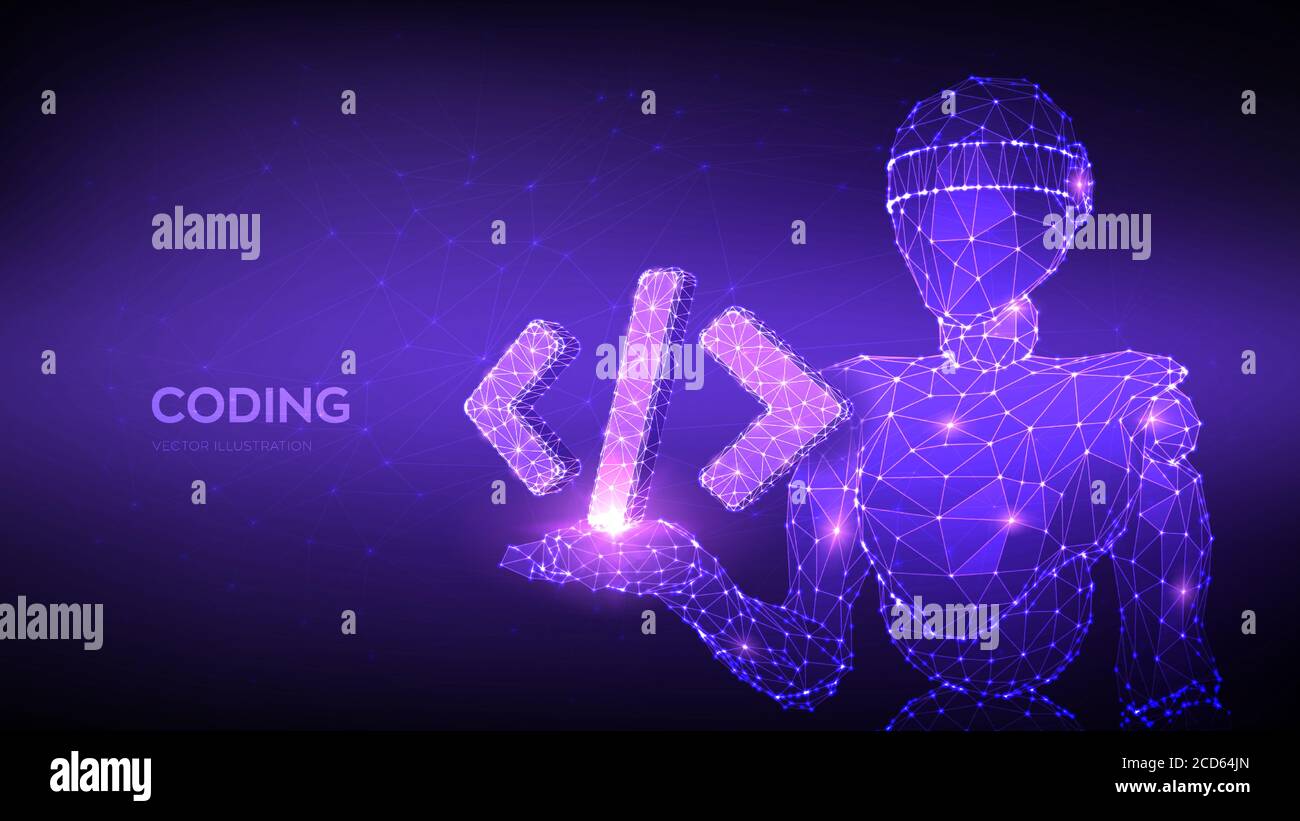 Programming Code Icon Abstract 3d Robot Holding Programming Code Symbol In Hand Coding Or
