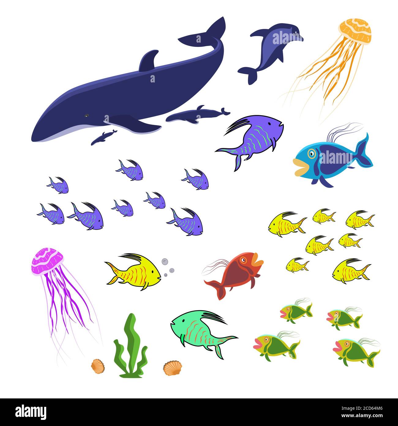 Set of marine animals isolated on white. Colorful fish, jellyfish and ...