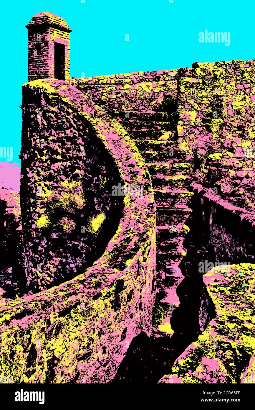 Pathway and stairs on stone wall and watchtower at the Marvao Castle. A ...