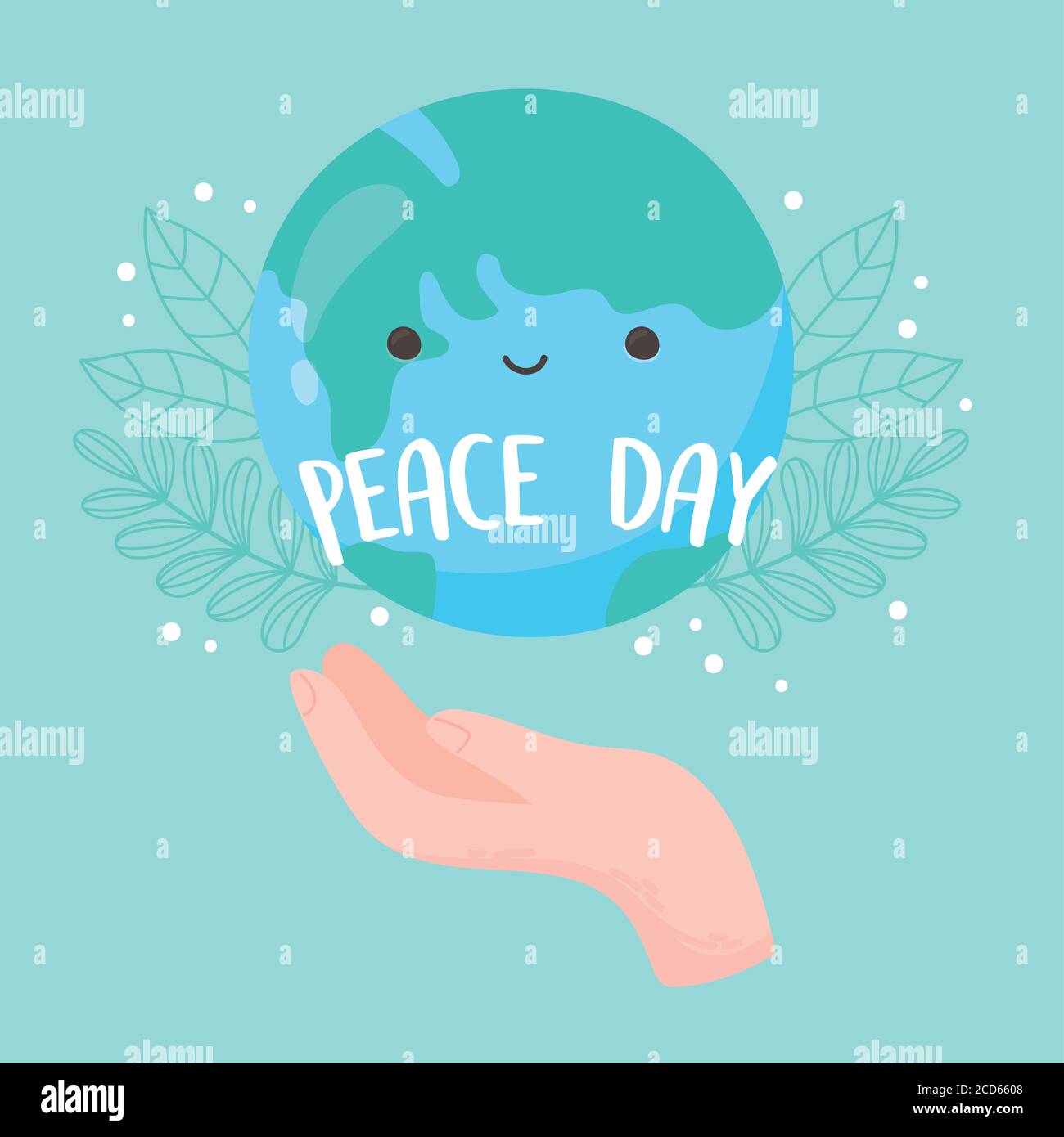 international peace day hand with globe map leaves foliage cartoon ...