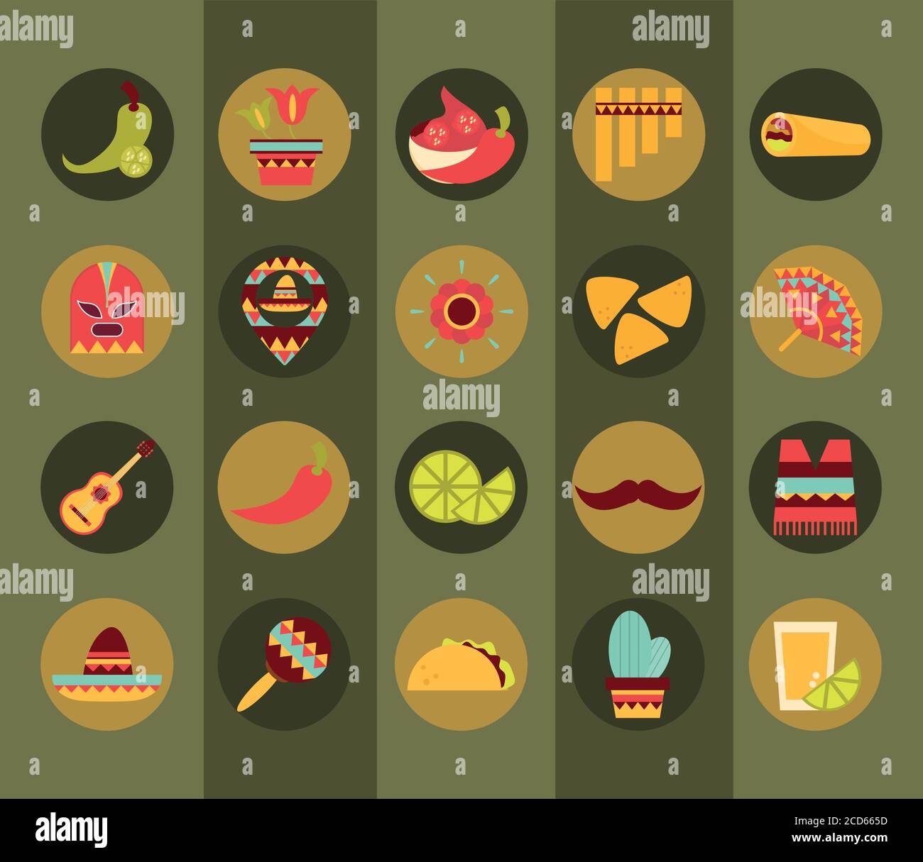 mexican icons set celebration decoration festive flat design vector ...