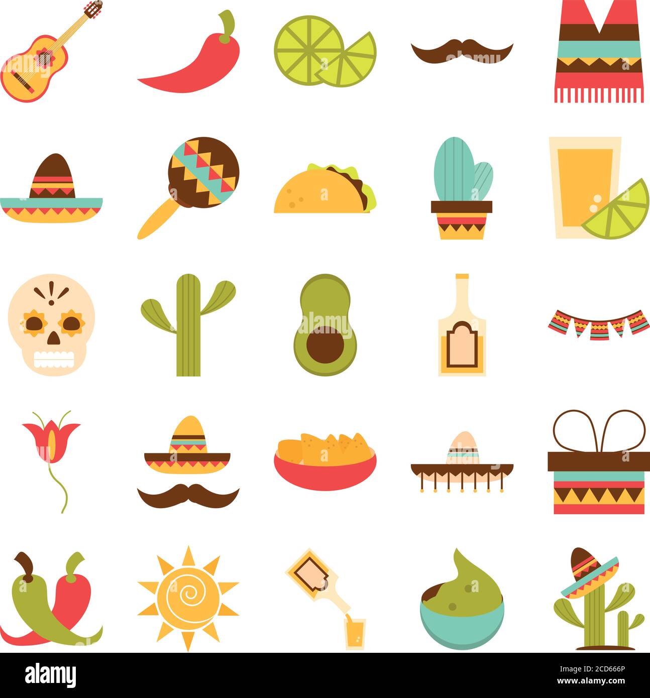 mexican icons set festive party decoration celebration flat design ...