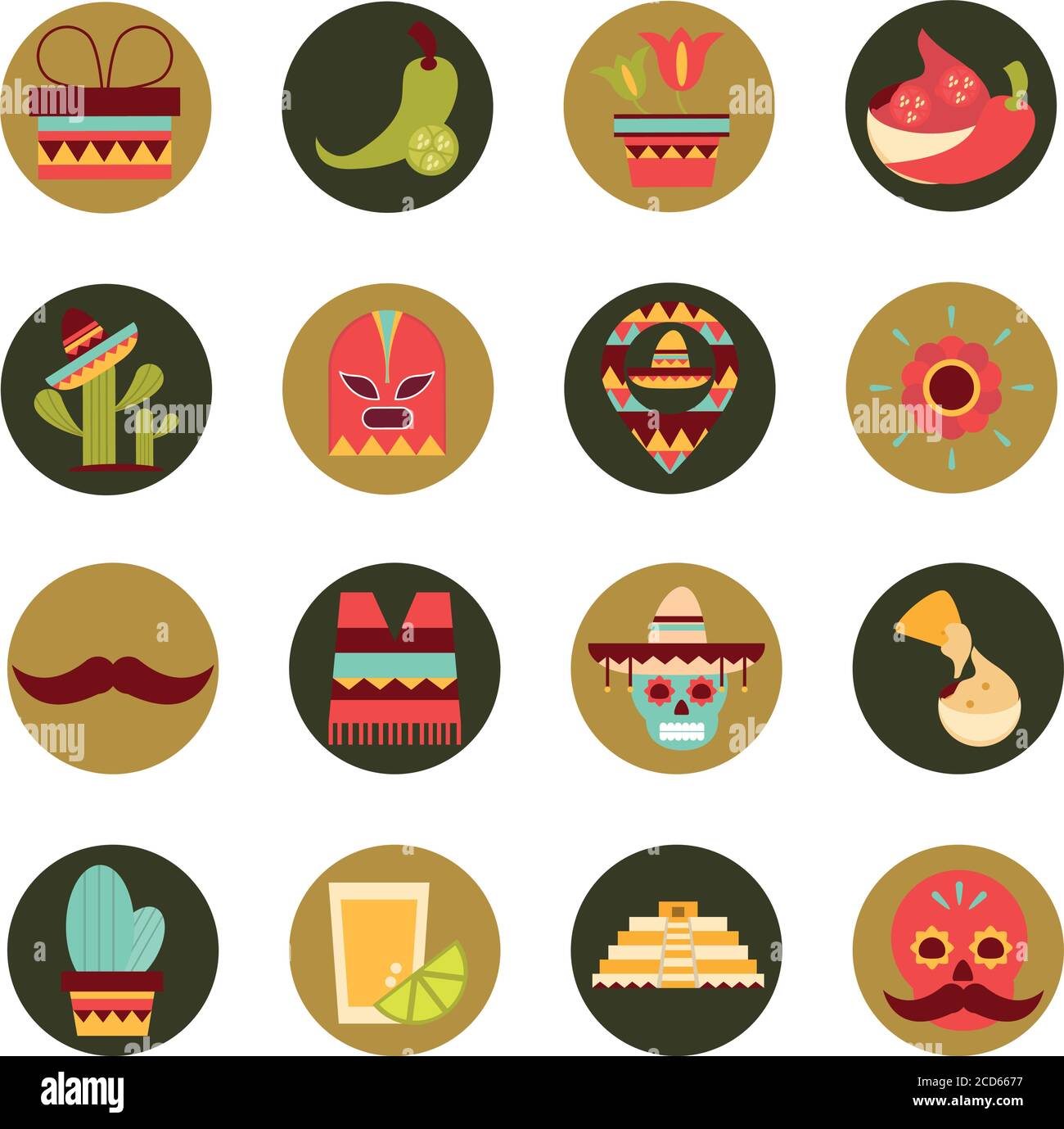 mexican icons set decoration celebration festive red background flat ...