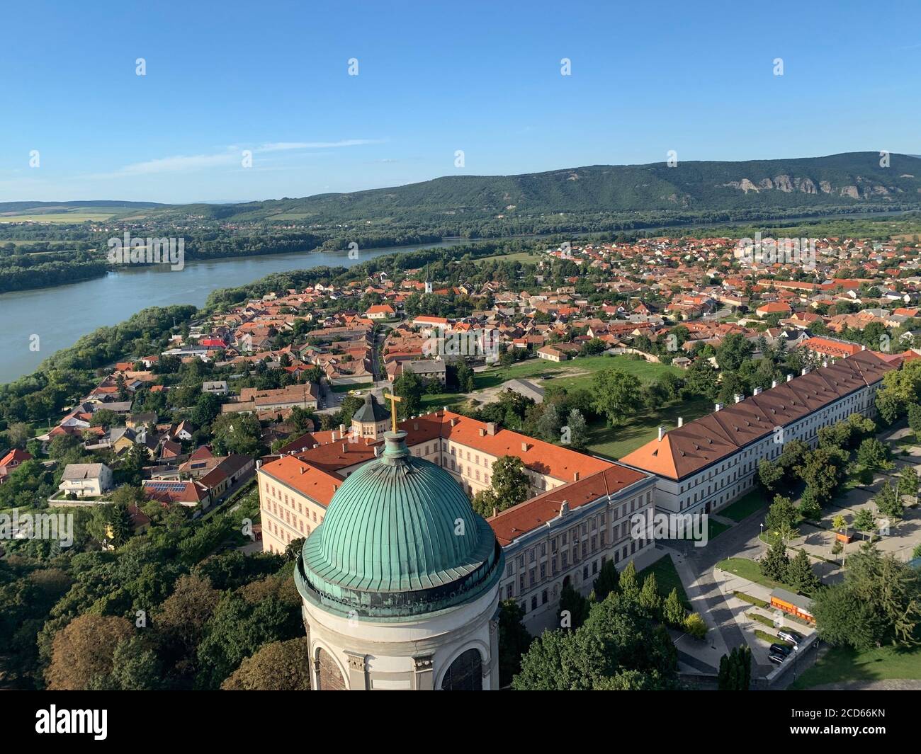 Landscape of Esztergom city, Danube river and mountains. The view from ...