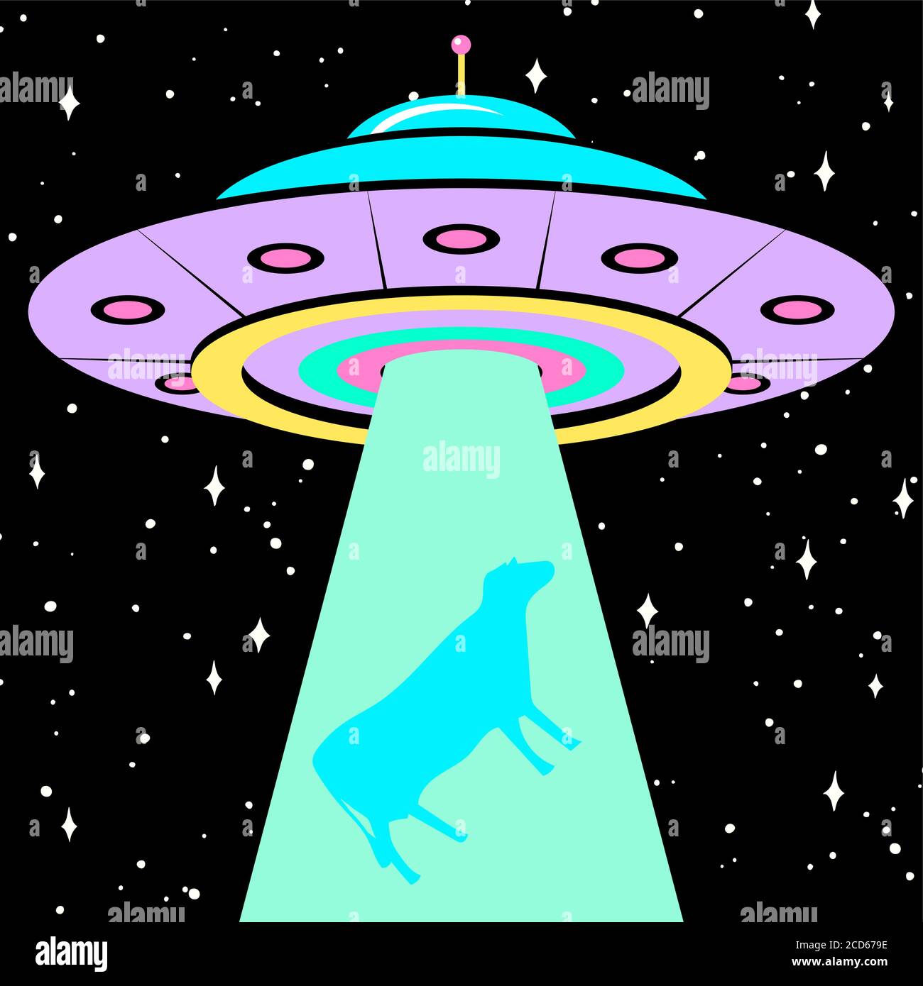 UFO poster or banner. Unidentified flying object and cow. Vector ...
