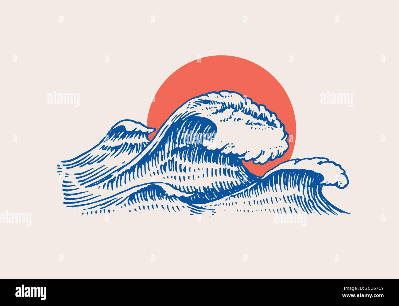 Atlantic tidal waves and red sun. Vintage old engraved hand drawn ...