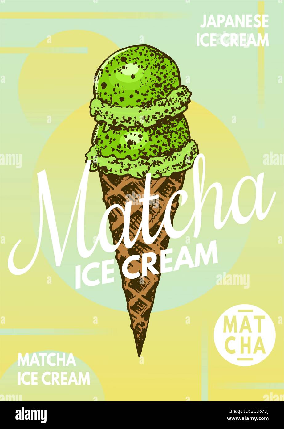 Matcha green tea Ice Cream poster. Japanese banner. Engraved hand drawn ...