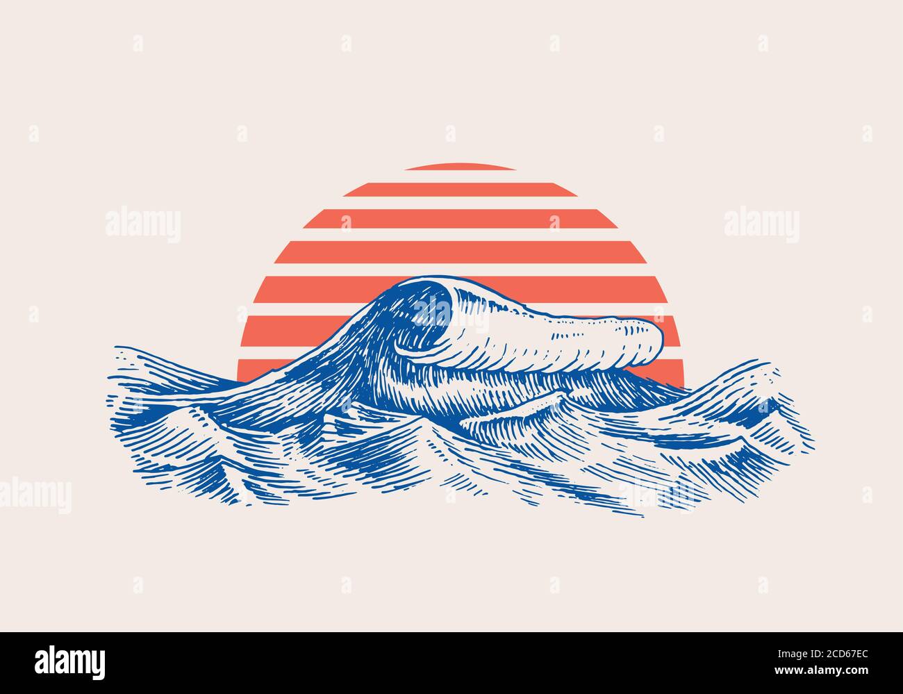 Atlantic tidal waves and red sun. Vintage old engraved hand drawn ...