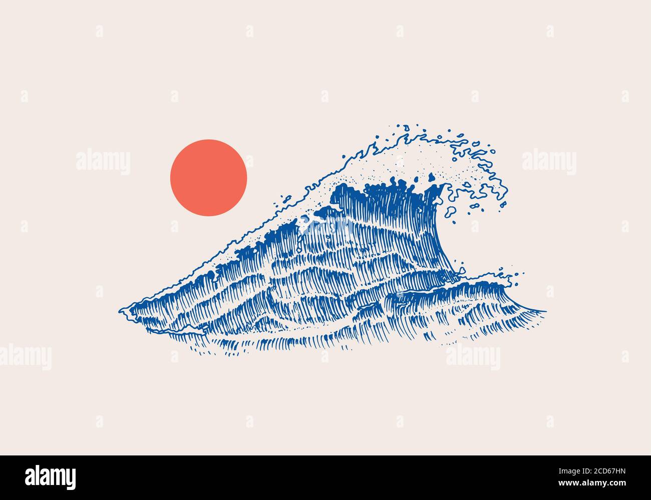 Atlantic tidal waves and red sun. Vintage old engraved hand drawn ...