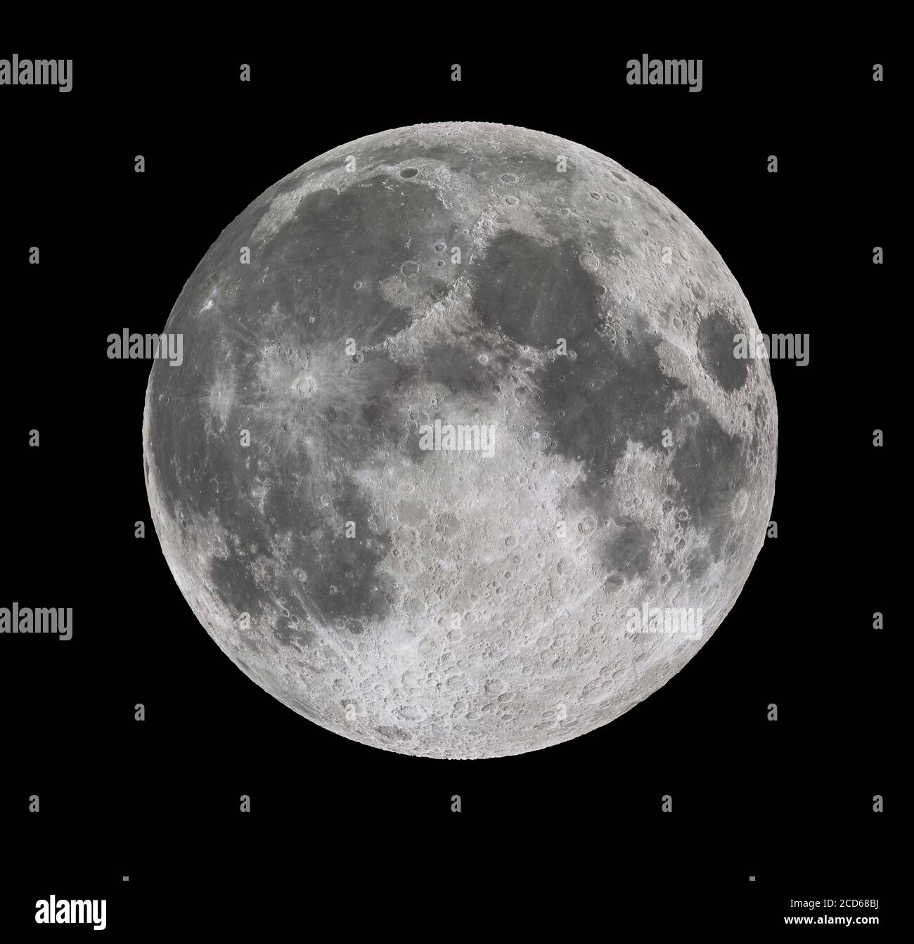 Full moon extremely sharp craters high relief on a black sky background ...