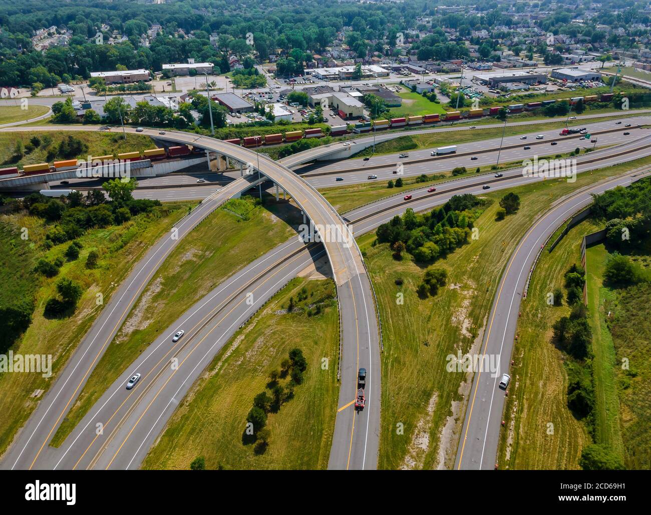 Above transport junction road aerial view with car movement transport ...