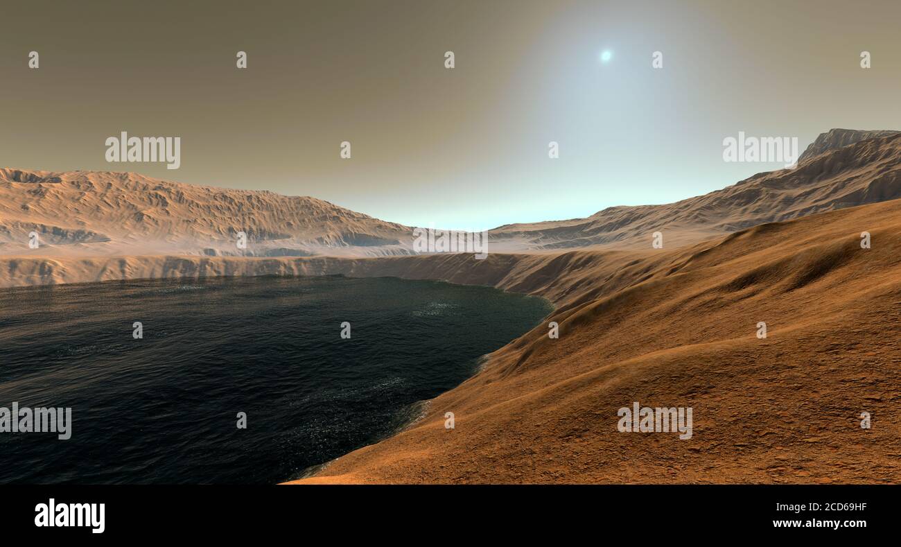 Water on Mars like Planet inside of a Crater. Extremely detailed and ...