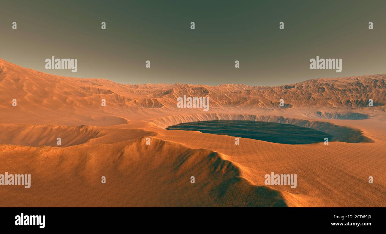 Water on Mars like Planet inside of a Crater. Extremely detailed and ...