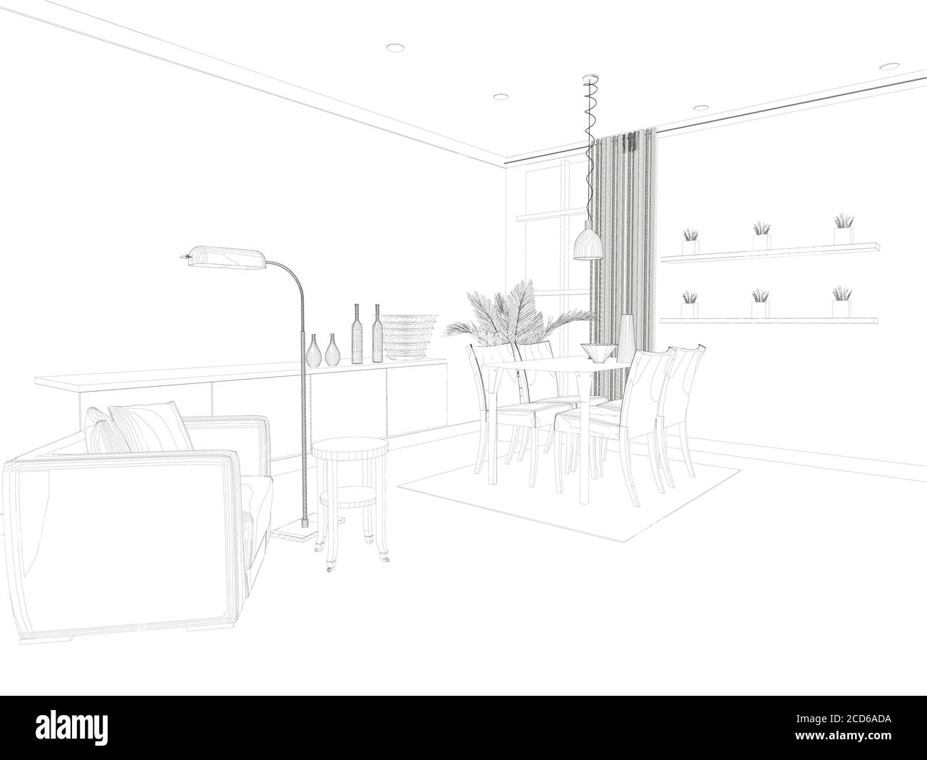 Interior project of the room from black lines. Perspective view ...